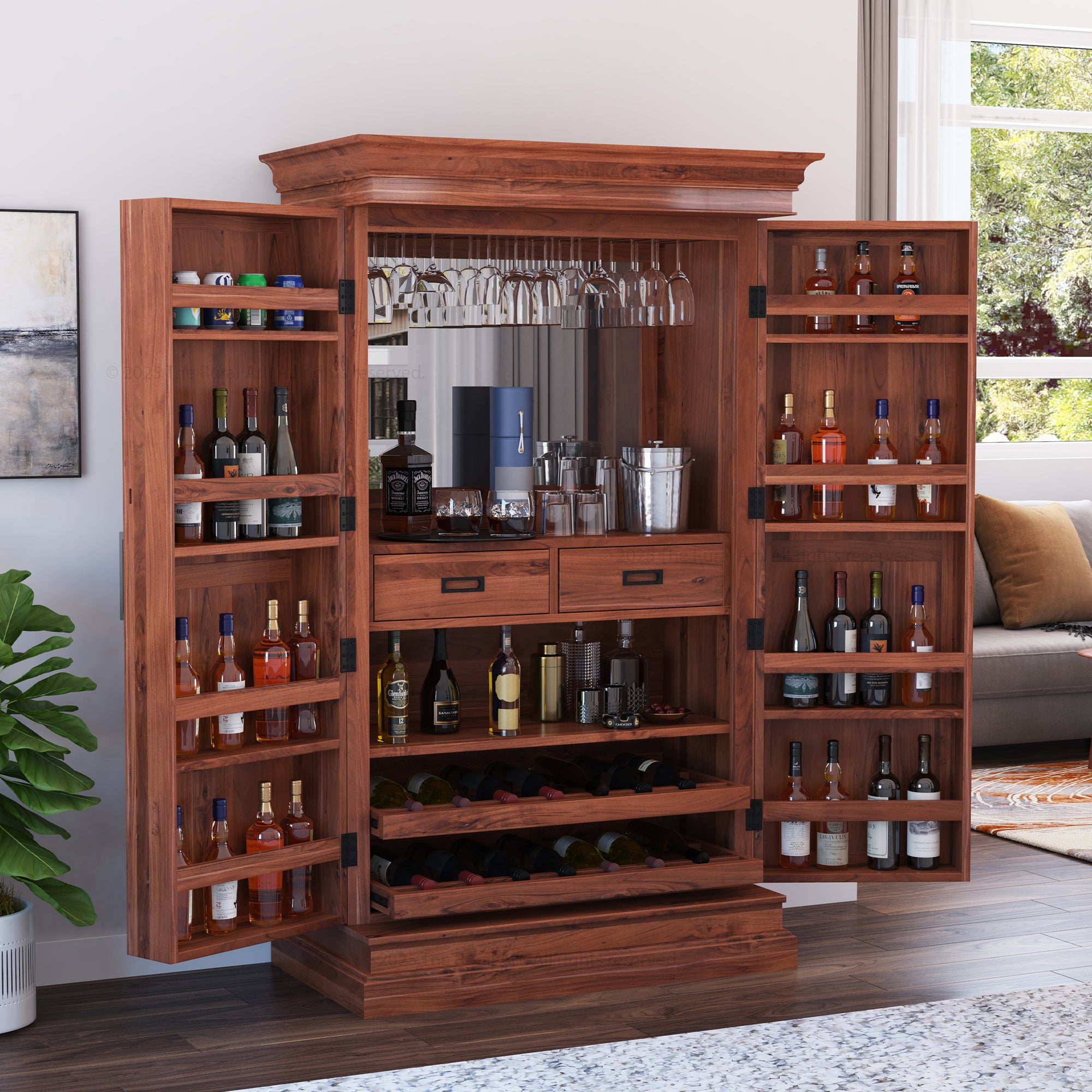 Melinda Solid Wood Bar Cabinet with Storage & Wine Rack – theruralart.com
