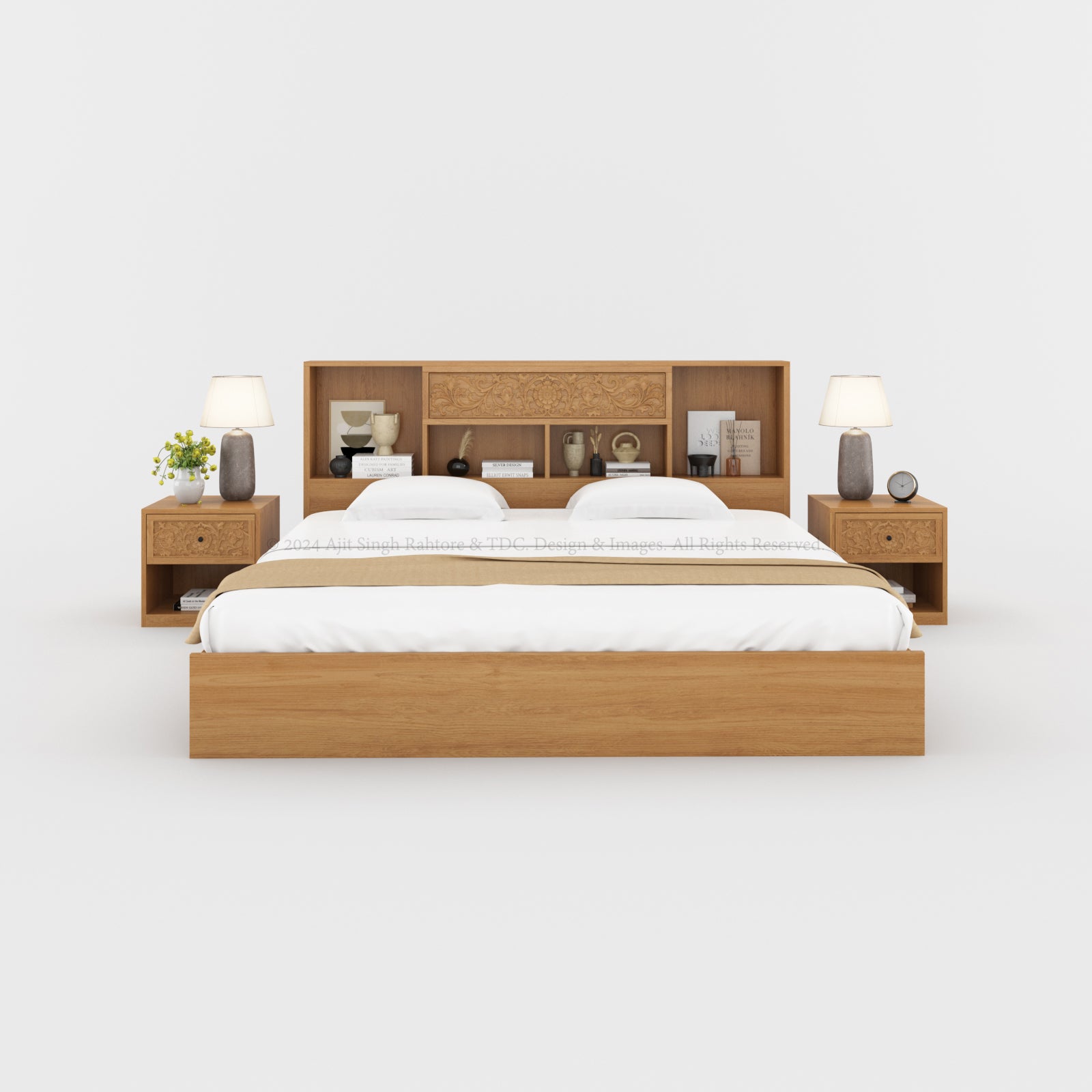 Teak Wood Bookcase Platform Bed | Elegant Storage & Timeless Design ...