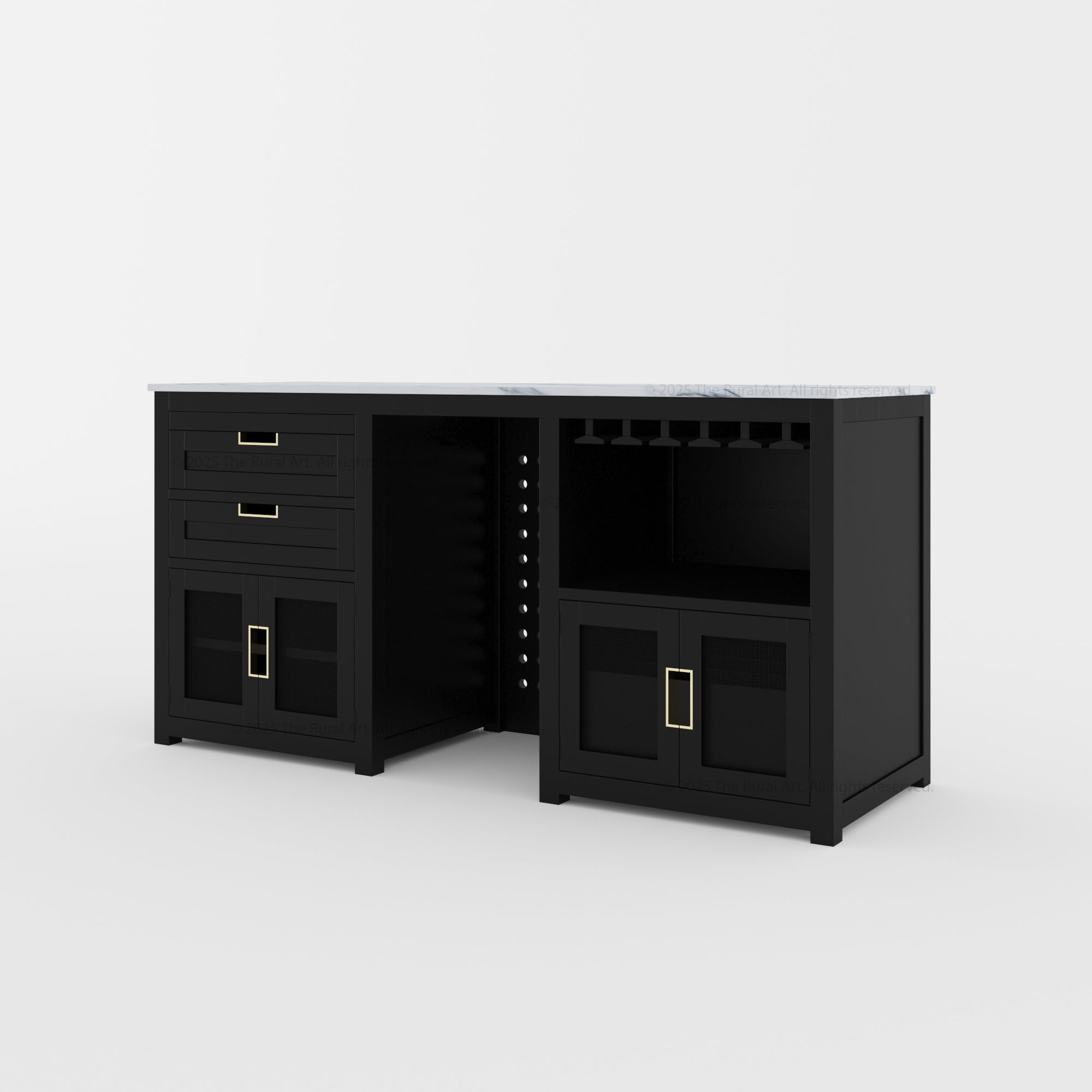 Luxe Black Wine Bar Cabinet with Mini Fridge Space and Quartz Top ...