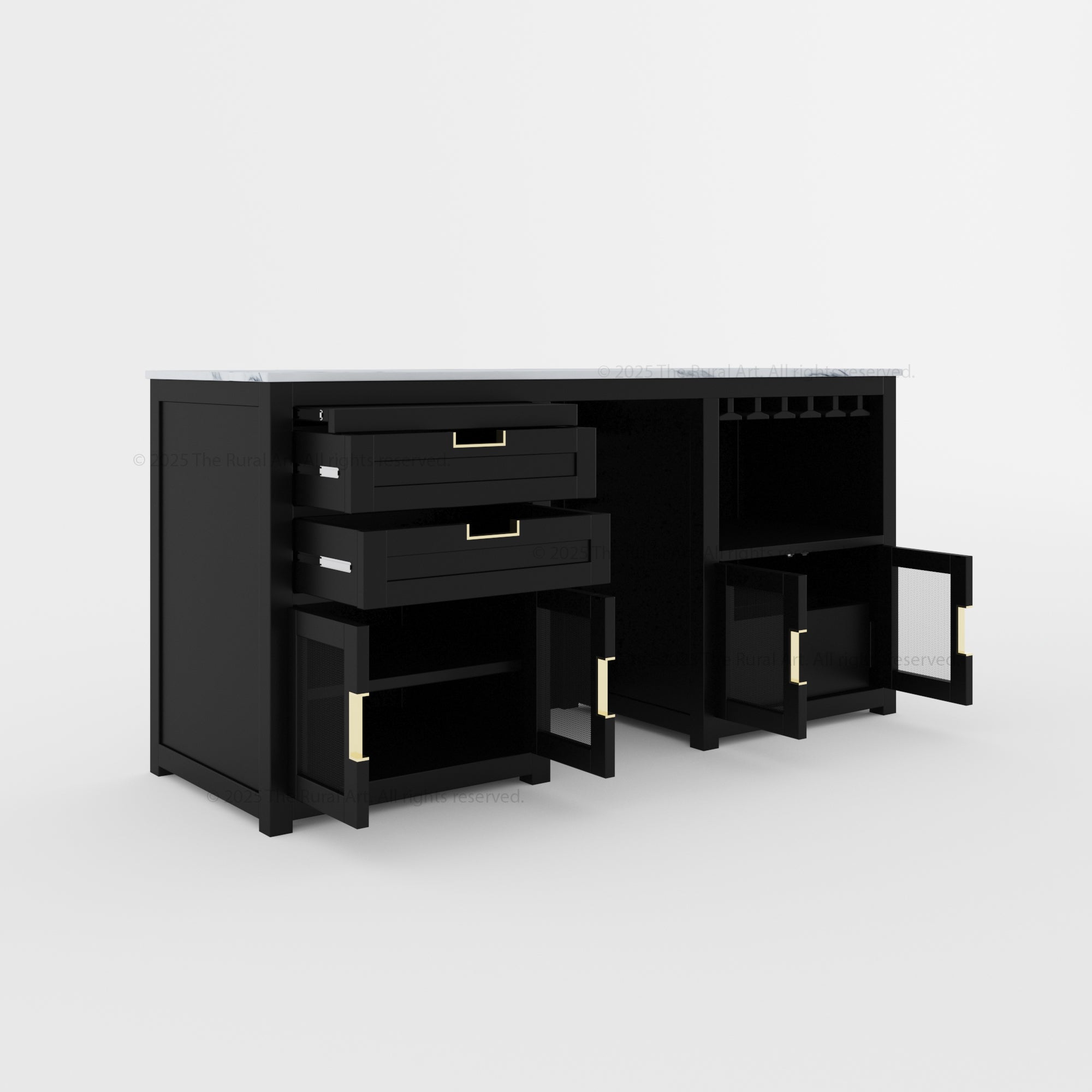 Luxe Black Wine Bar Cabinet with Mini Fridge Space and Quartz Top ...
