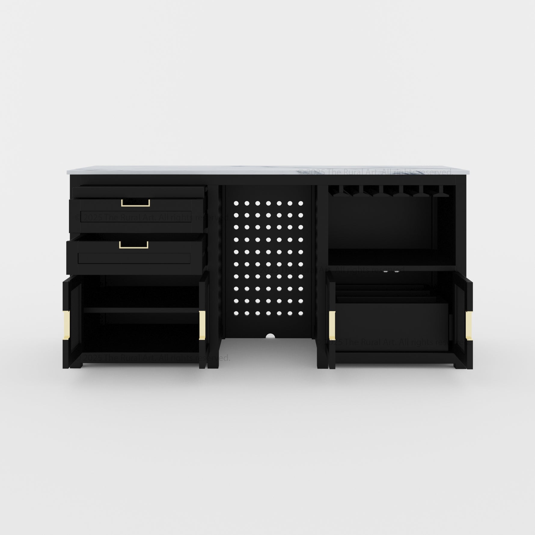 Luxe Black Wine Bar Cabinet with Mini Fridge Space and Quartz Top ...