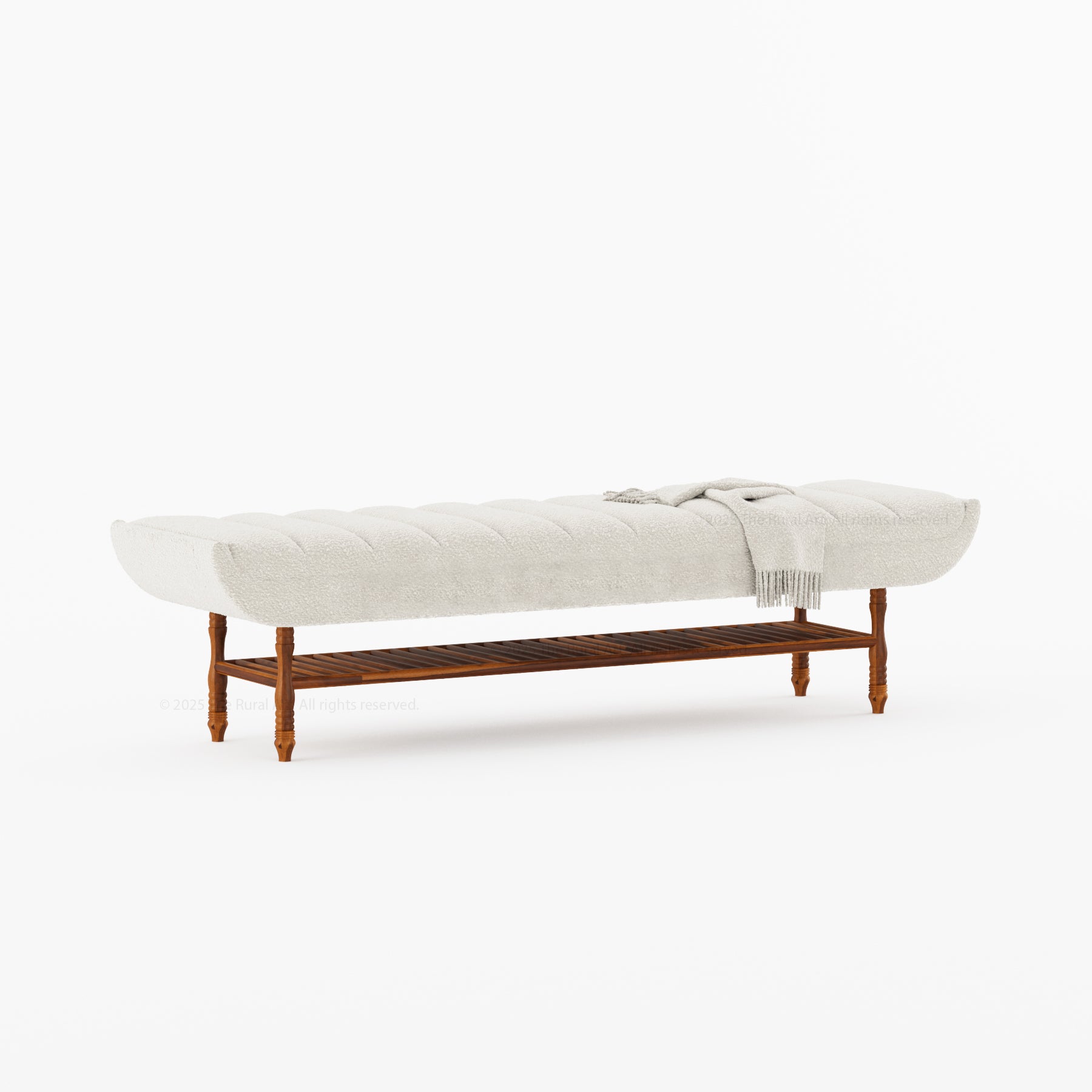 Jasper Boucle Upholstered Bedroom Bench with Turned Wood Legs & Slatte ...