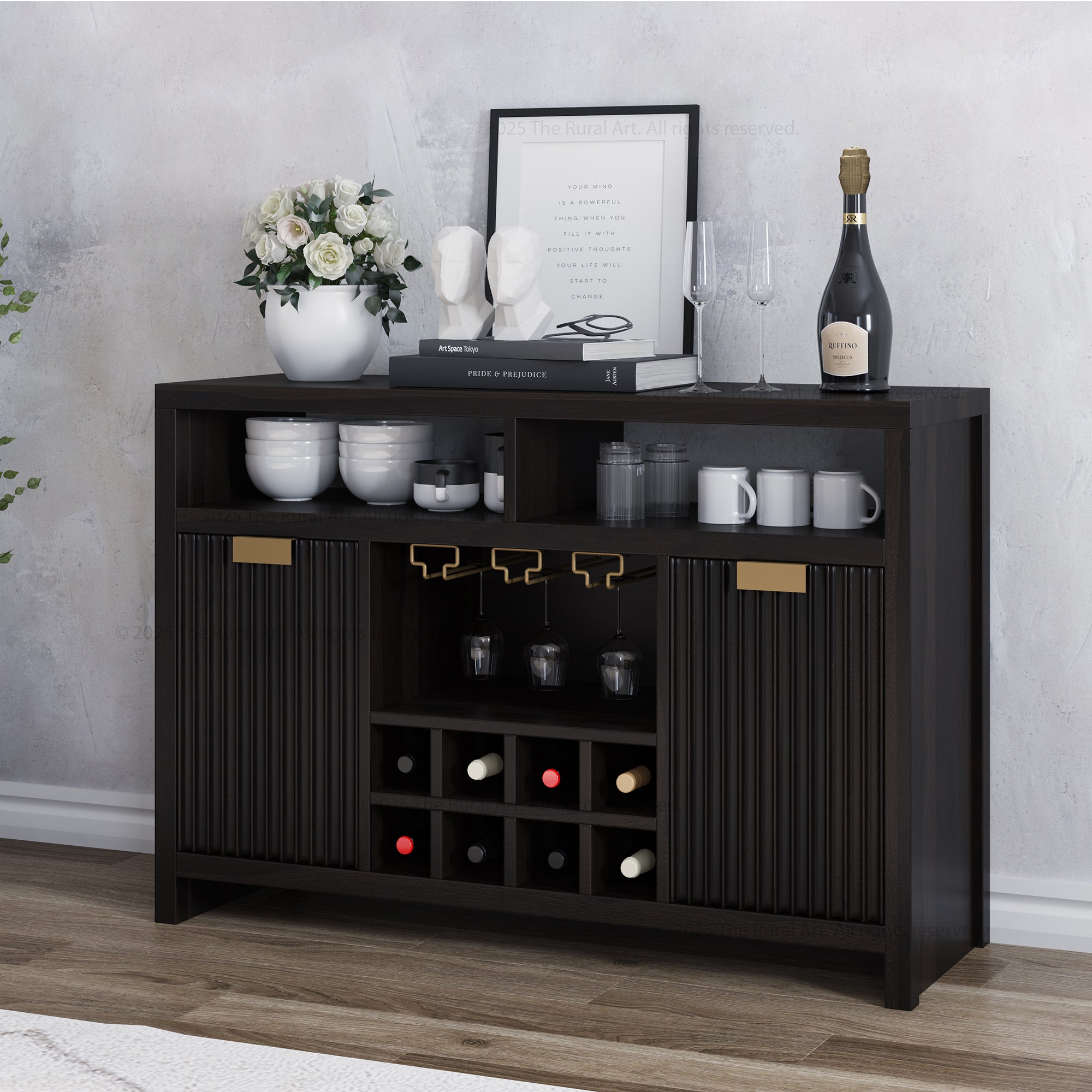 Montecito Black Wine Bar Cabinet Solid Wood Sideboard with Glass Rack ...