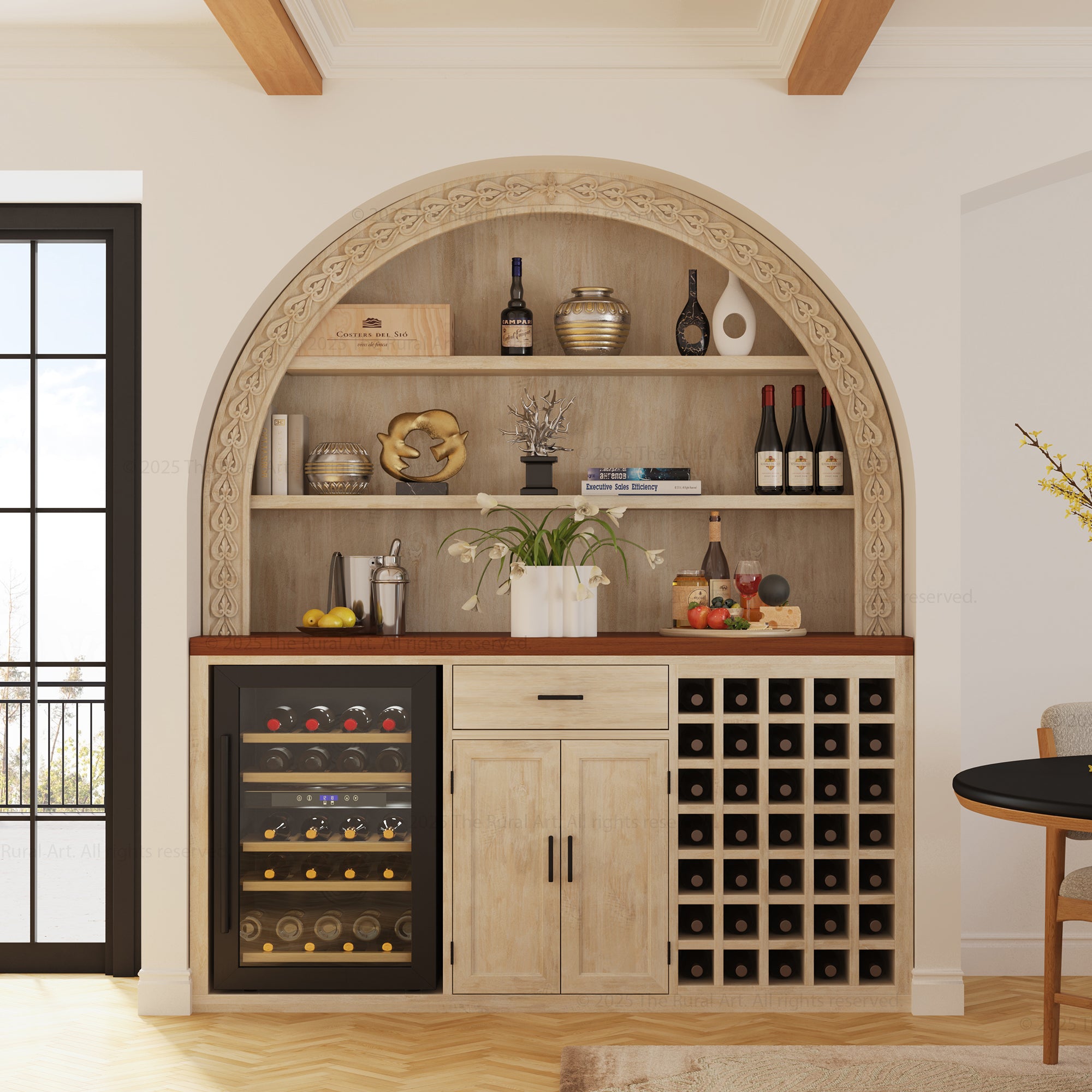 Napa Arched Solid Wood Large Bar Cabinet with Open Shelves and Fridge ...