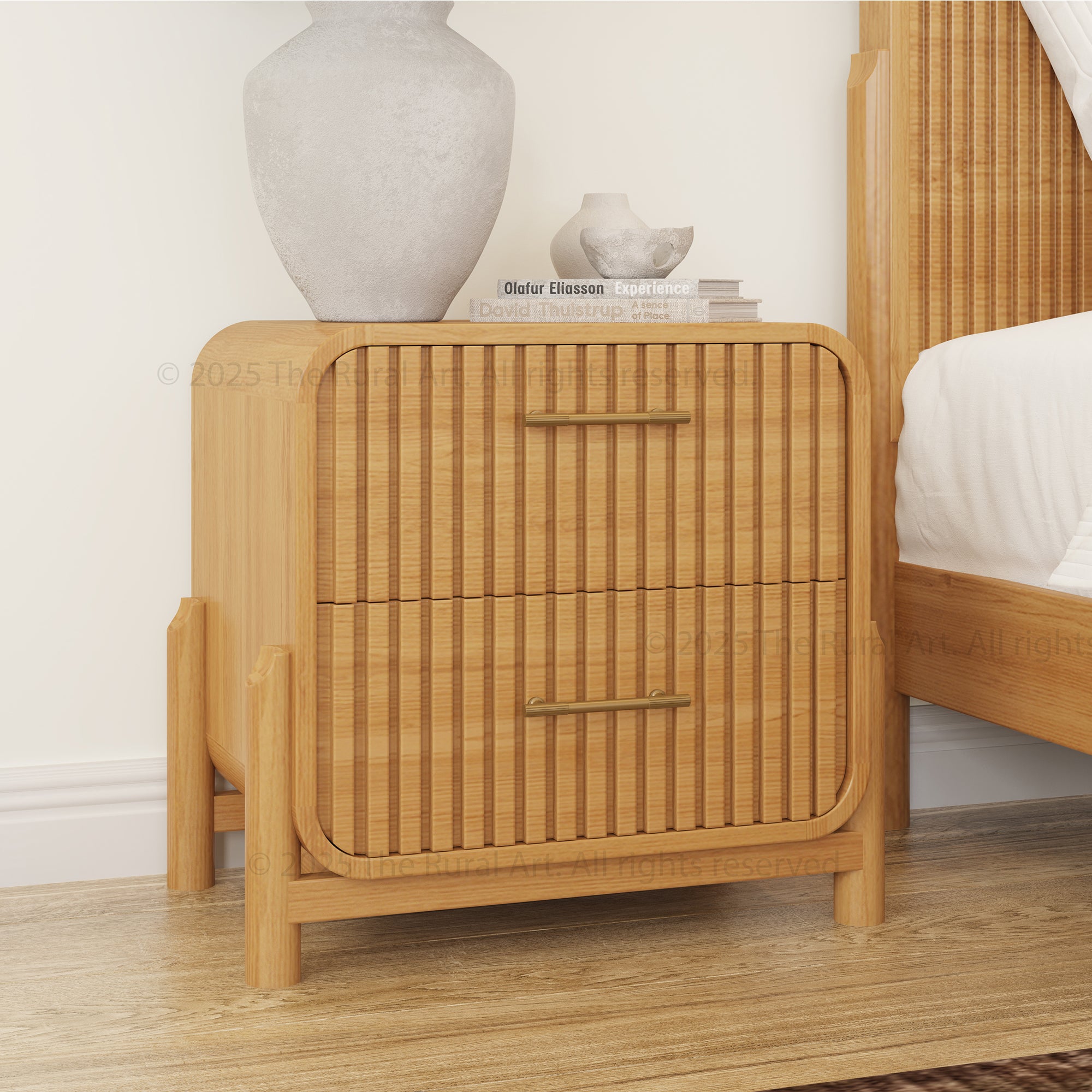 Lewes Fluted Wood Nightstand 2-Drawer Solid Wood Side Table with Sculp ...